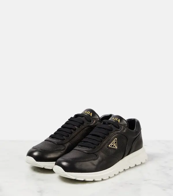 Prada Logo Leather Sneakers - Black