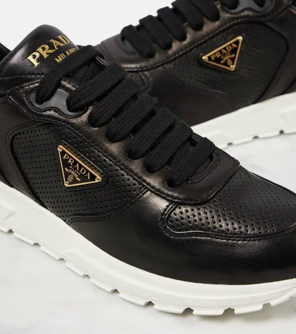 Prada Logo Leather Sneakers - Black