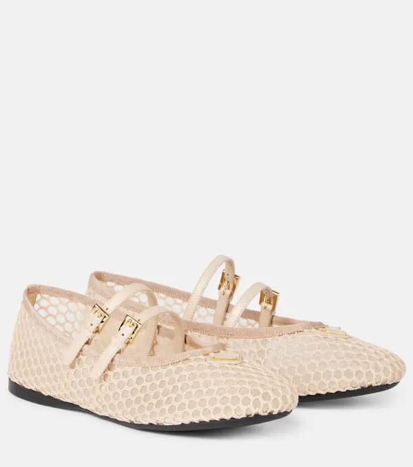 Prada Macramé Mesh Mary Jane Flats - Beige