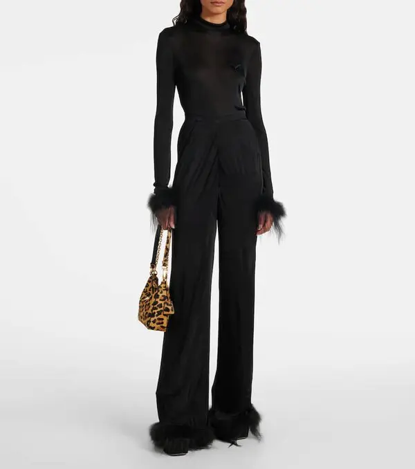 Prada Feather-trimmed Wide-leg Pants