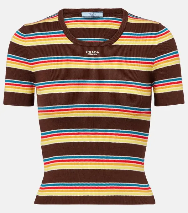 Prada Striped Ribbed-knit Cotton T-shirt - Multicoloured