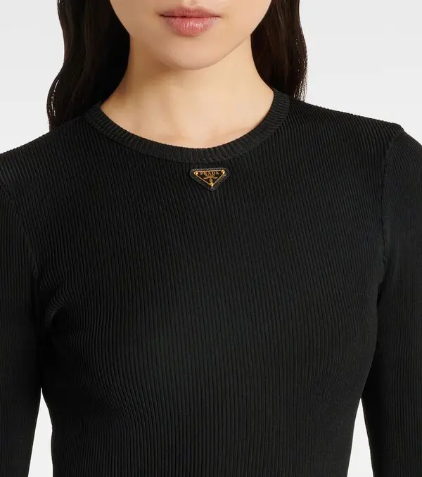 Prada Logo Ribbed-knit Midi Dress - Black