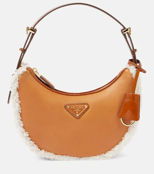 Prada Arqué Small Shearling-trimmed Leather Shoulder Bag - Brown