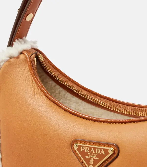 Prada Arqué Small Shearling-trimmed Leather Shoulder Bag - Brown