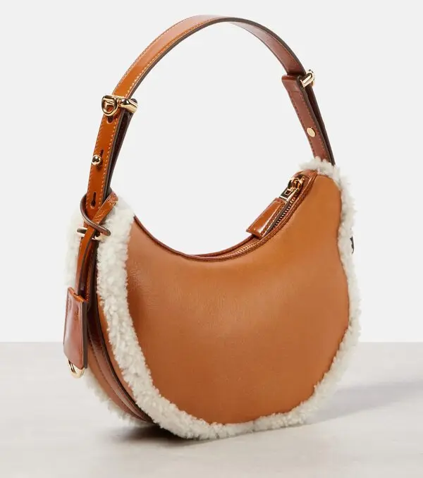 Prada Arqué Small Shearling-trimmed Leather Shoulder Bag - Brown