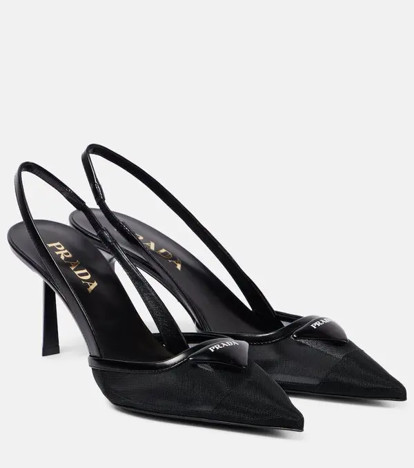 Prada 75 Logo Leather-trimmed Slingback Pumps