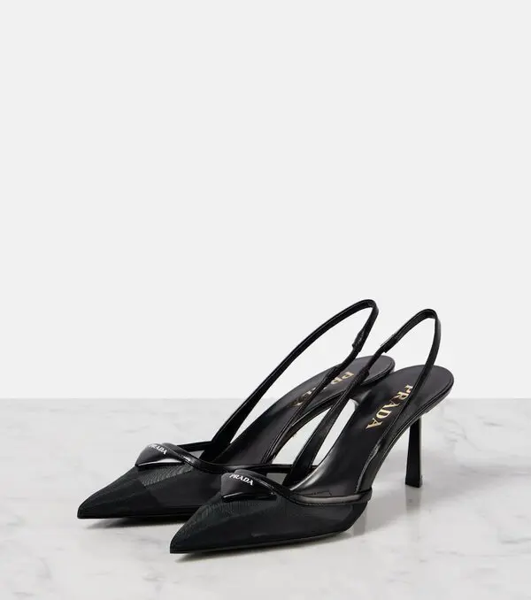 Prada 75 Logo Leather-trimmed Slingback Pumps