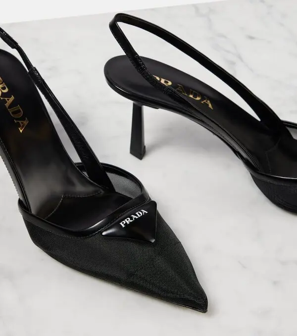 Prada 75 Logo Leather-trimmed Slingback Pumps