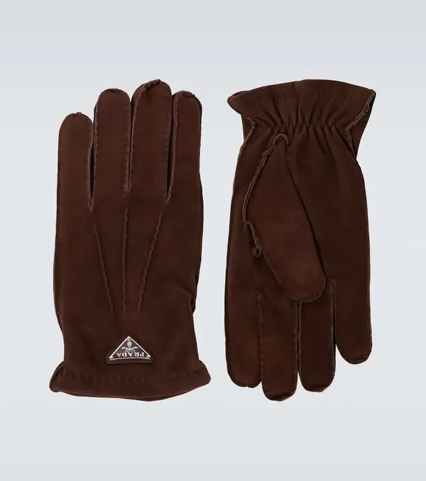 Prada Logo Suede Gloves - Brown