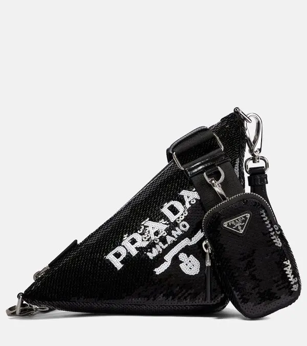 Prada Triangle Sequin Shoulder Bag - Black