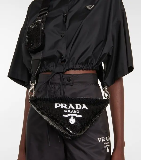 Prada Triangle Sequin Shoulder Bag - Black