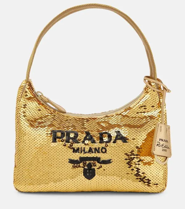 Prada Re-edition 2000 Mini Sequined Shoulder Bag - Gold