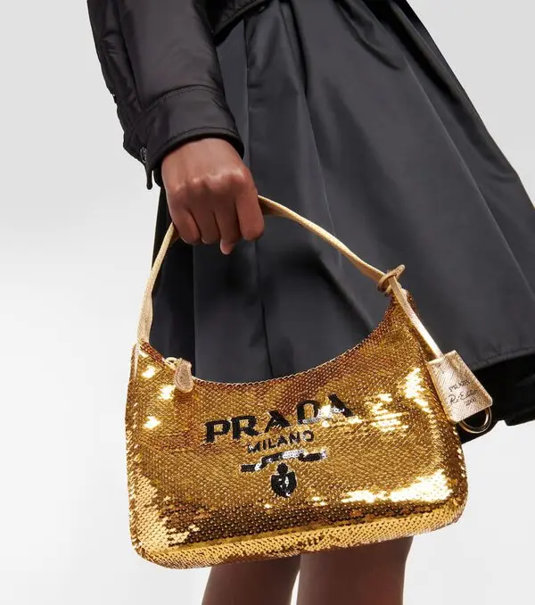 Prada Re-edition 2000 Mini Sequined Shoulder Bag - Gold