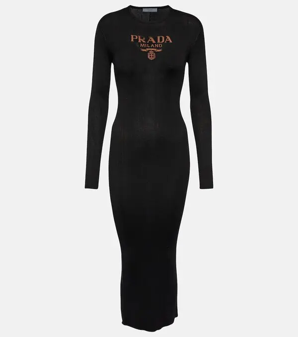 Prada Logo Ribbed-knit Silk Midi Dress
