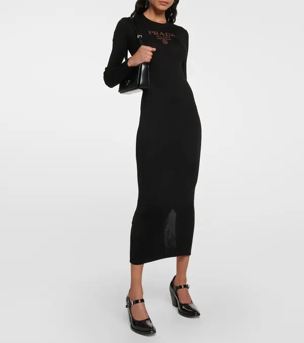 Prada Logo Ribbed-knit Silk Midi Dress