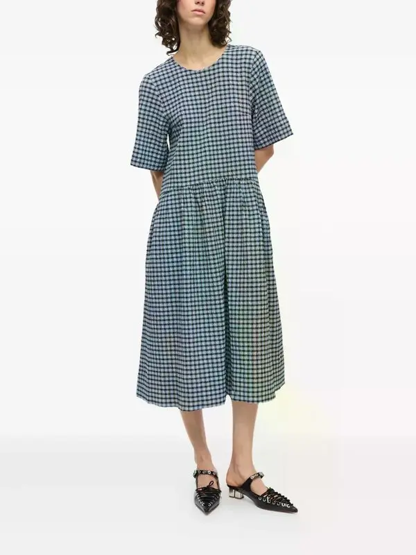 GANNI Checked Seersucker Midi Dress - Blue