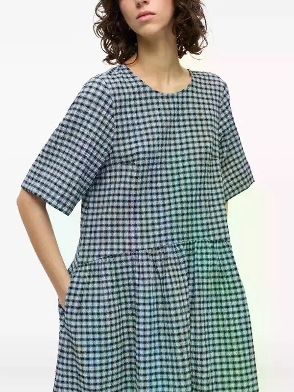 GANNI Checked Seersucker Midi Dress - Blue