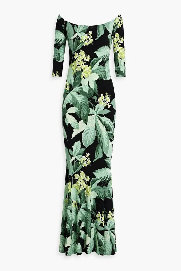 Norma Kamali Off-the-shoulder Floral-print Stretch-jersey Gown - Mint