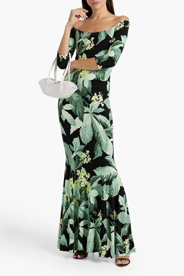 Norma Kamali Off-the-shoulder Floral-print Stretch-jersey Gown