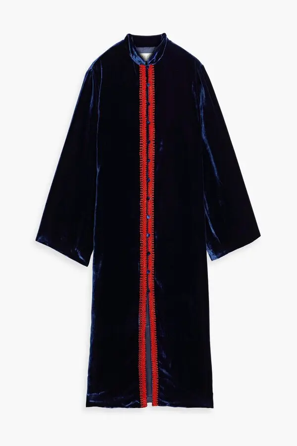 Saloni Amari Embroidered Velvet Robe - Navy