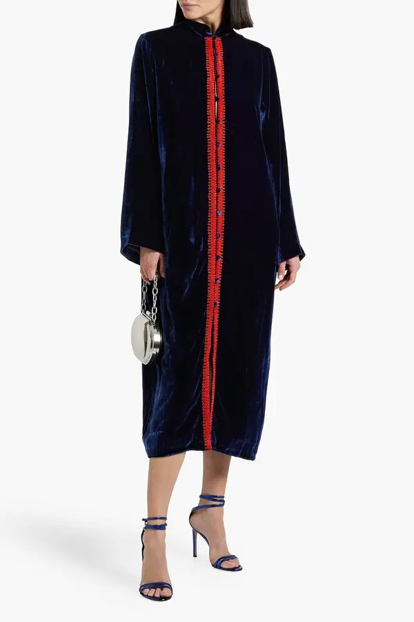 Saloni Amari Embroidered Velvet Robe - Navy