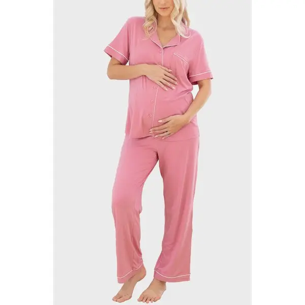 ANGEL MATERNITY Maternity And Nursing Button Front Pajama Set - Pink