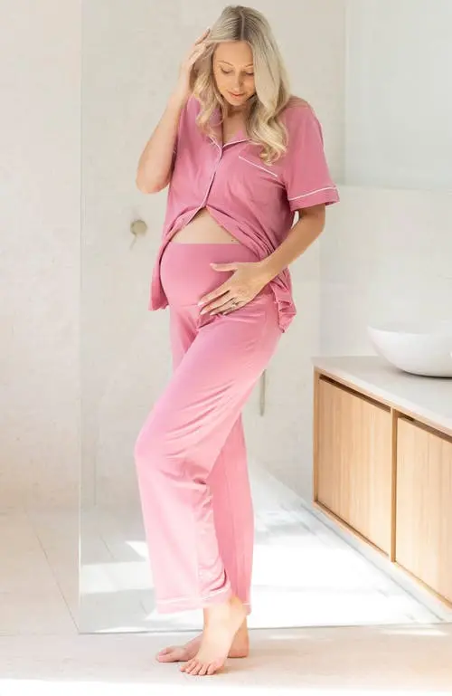 ANGEL MATERNITY Maternity And Nursing Button Front Pajama Set - Pink