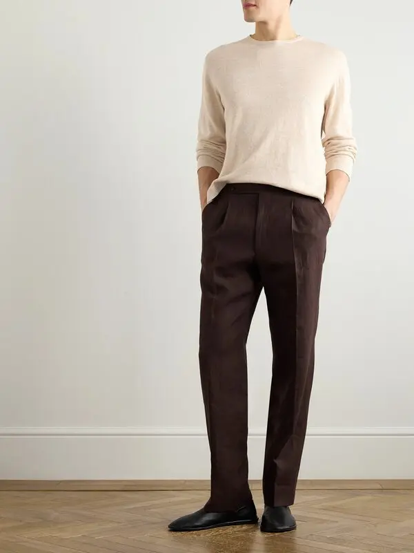 STOFFA Straight-leg Pleated Linen Trousers - Brown