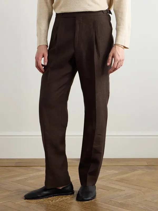 STOFFA Straight-leg Pleated Linen Trousers - Brown