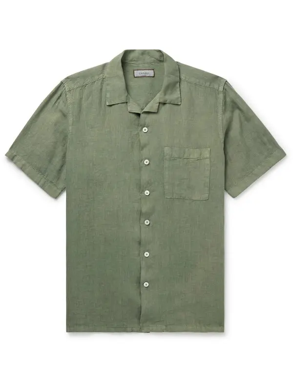 Canali Camp-collar Garment-dyed Linen Shirt - Green
