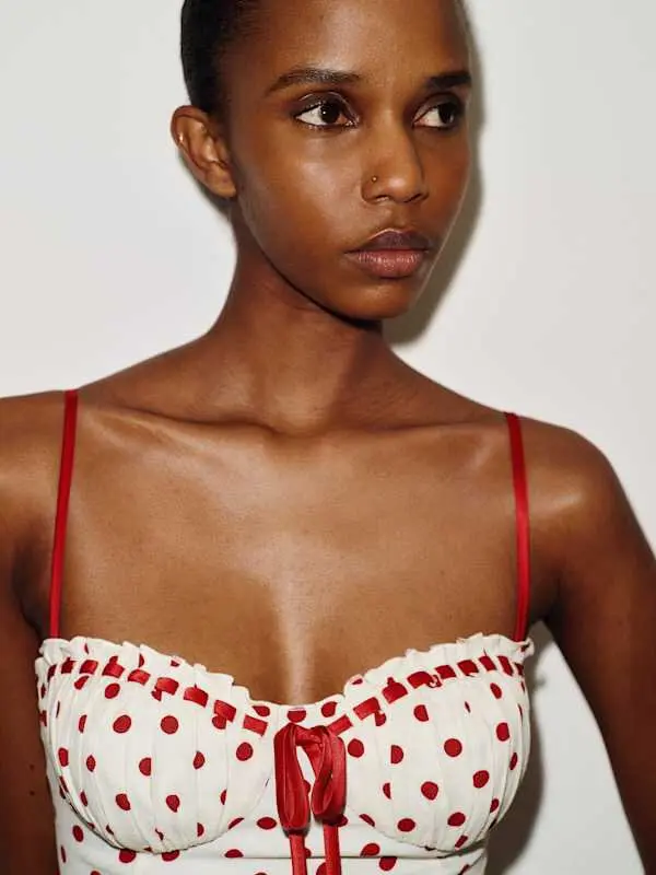 REFORMATION Andrea Polka Dot Sweetheart Neckline Top