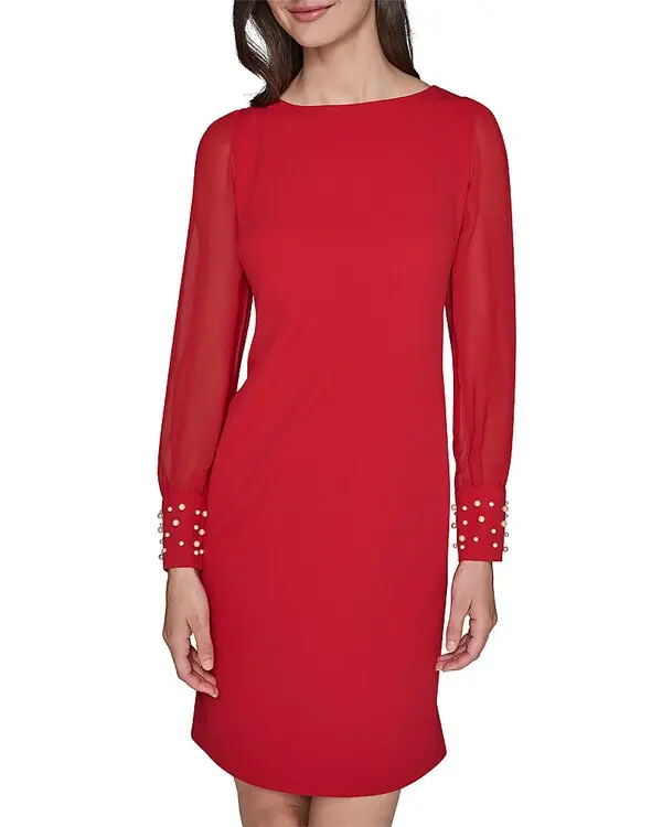 Karl Lagerfeld Paris Scuba Crepe Sheath Dress With Chiffon Sleeves - Red