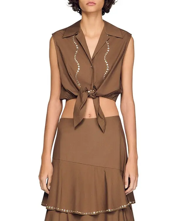 Sandro Rhinestone Cropped Shirt - Brown