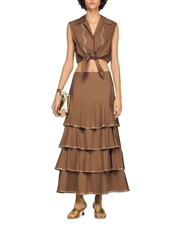 Sandro Rhinestone Cropped Shirt - Brown