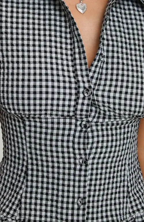 Princess Polly Covey Check Smocked Crop Shirt