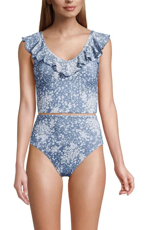 LANDS' END Pique Ruffle Tankini Top And High Waisted Bottom Swimsuit Set - Dusk Sky Meadow Ditsy Floral