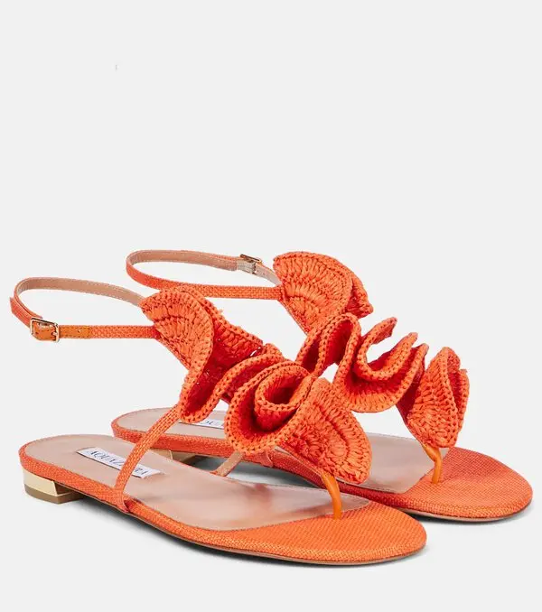 AQUAZZURA Noites Tropicais Raffia Thong Sandals - Orange