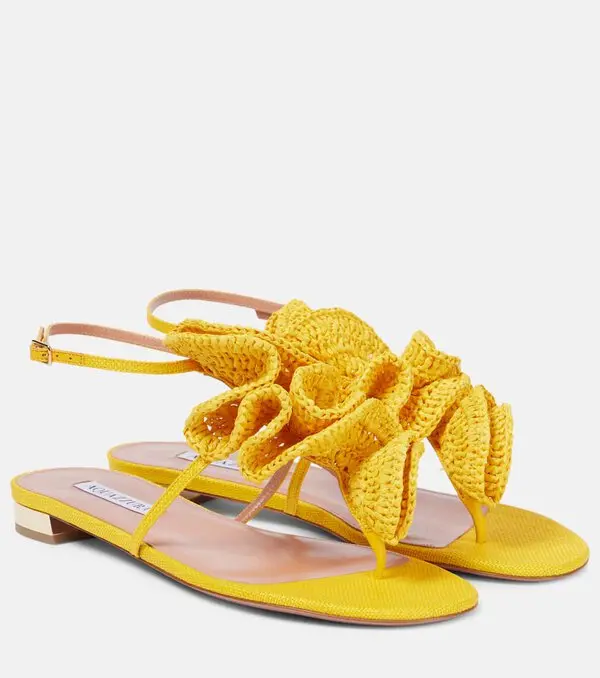 AQUAZZURA Noches Tropicales Raffia Thong Sandals - Yellow