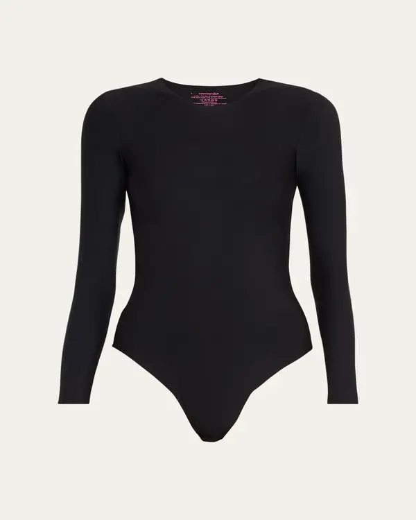 Commando Butter Long-sleeve Crewneck Thong Bodysuit - Black