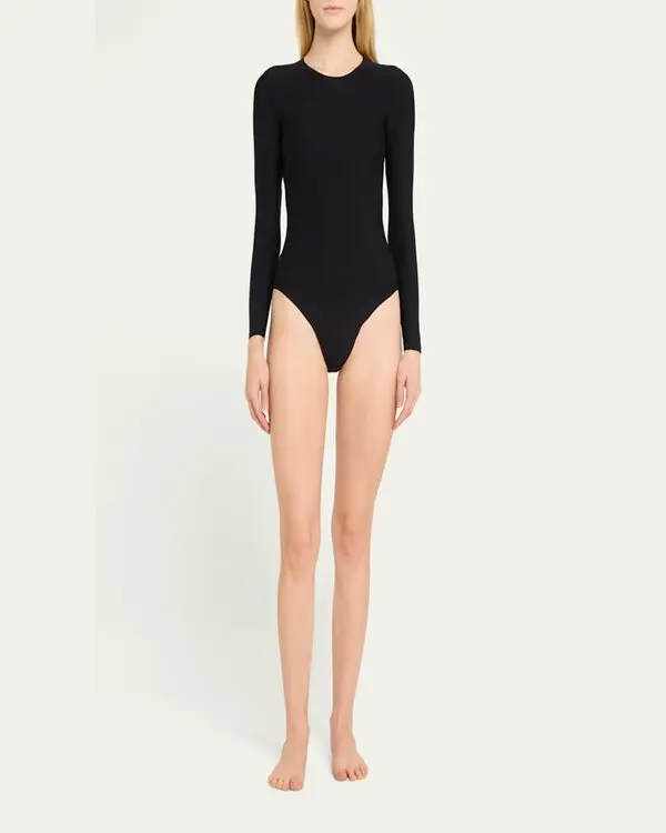 Commando Butter Long-sleeve Crewneck Thong Bodysuit - Black
