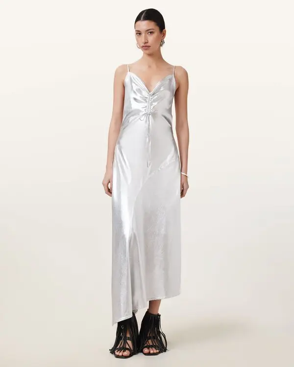 ALLSAINTS Alexia V-neck Metallic Midi Slip Dress