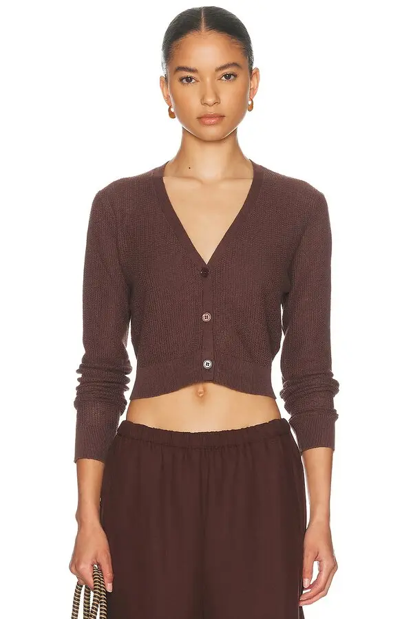 Enza Costa Linen Open Knit Cropped V-neck Cardigan - Chocolate