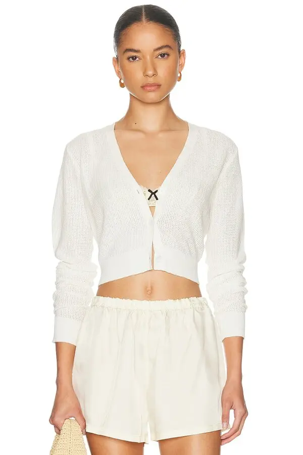 Enza Costa Linen Open Knit Cropped V-neck Cardigan - Off White