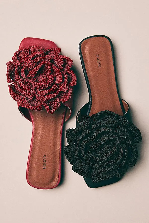 Maeve Crochet Flower Slide Sandals - Red