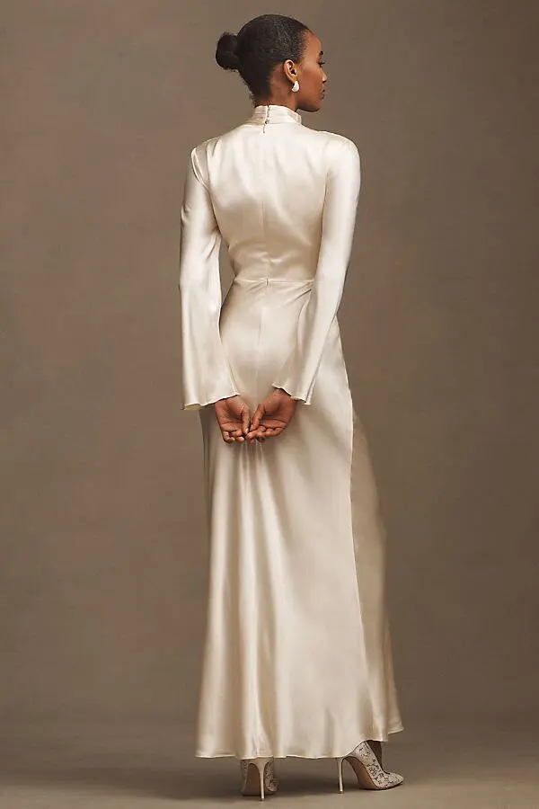 Shona Joy La Lune Long-Sleeve Plunge V-Neck Satin Maxi Dress In Beige - 50%  Off | Editorialist