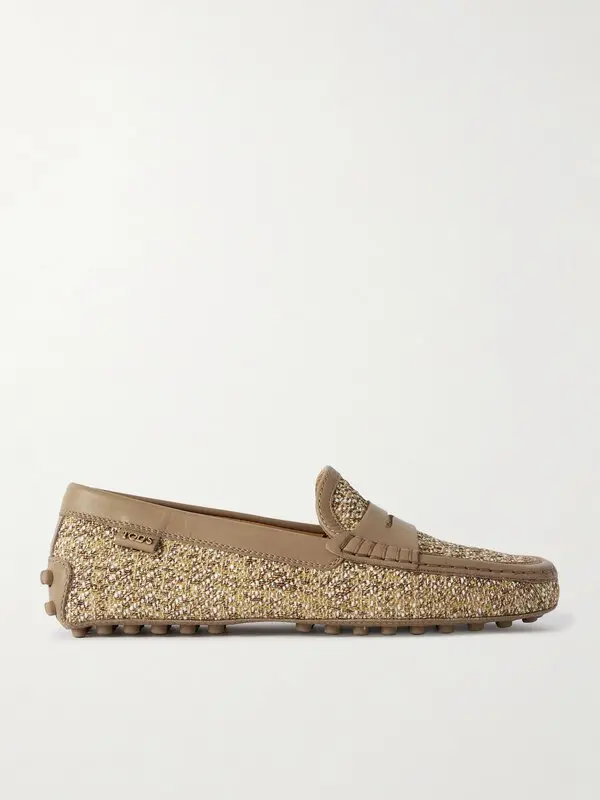 TOD'S Leather-trimmed Raffia Loafers - Neutrals
