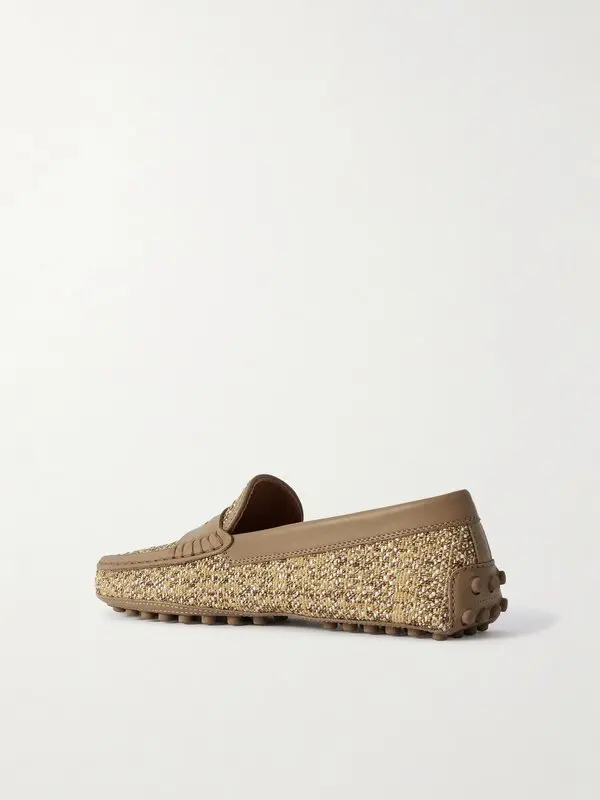 TOD'S Leather-trimmed Raffia Loafers - Neutrals
