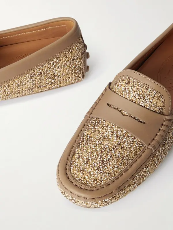 TOD'S Leather-trimmed Raffia Loafers - Neutrals