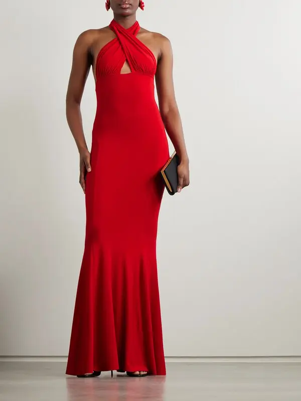Norma Kamali Cutout Jersey Halterneck Gown - Red