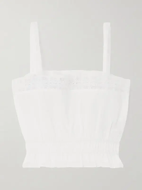 Faithfull The Brand Camille Cropped Lace-trimmed Shirred Top - Ivory
